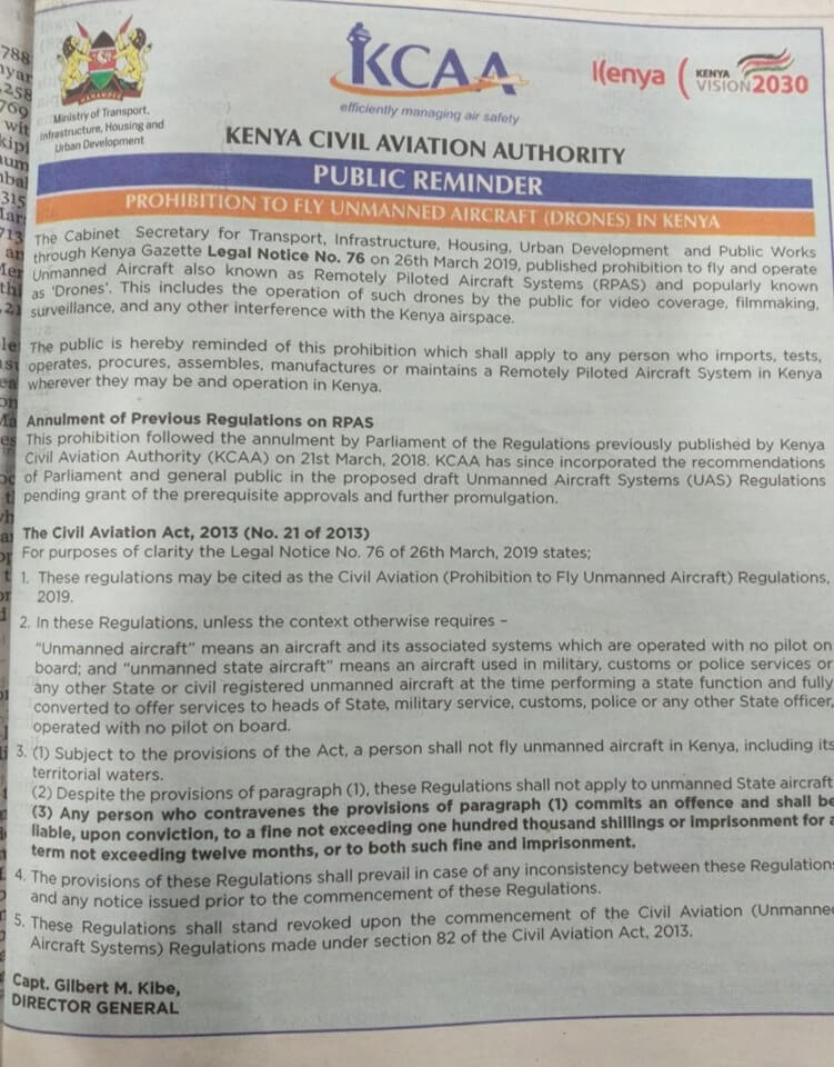 Kenyan Civil Aviation Authority (KCAA) reminds the public, drones ...